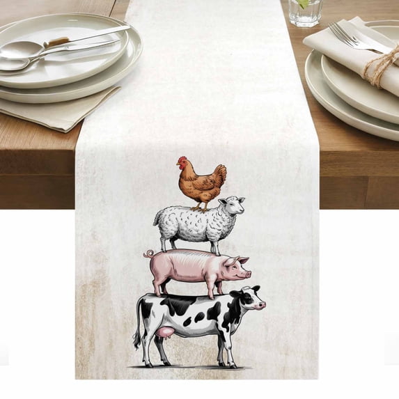 Farm Animals Table Runner 13 x 90 Inch, Cow Pig Chickens Country White ...