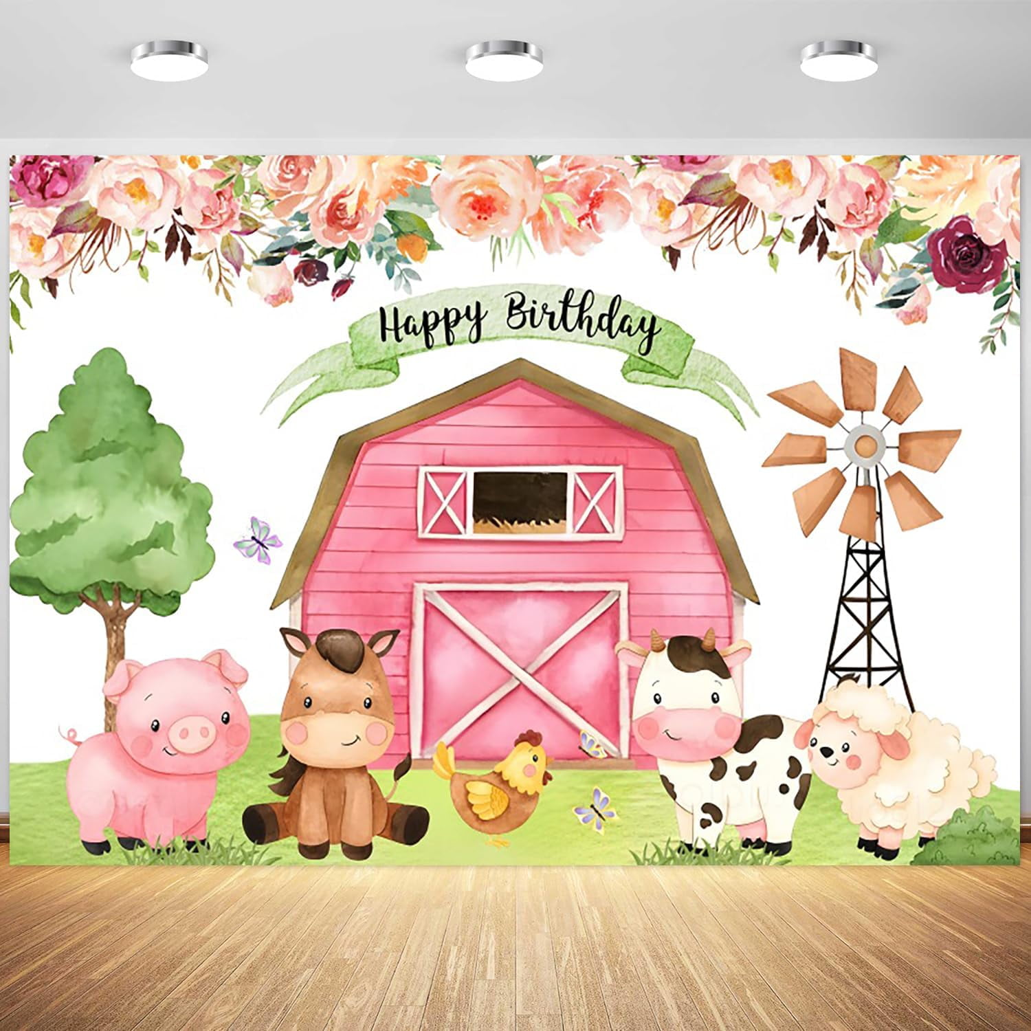 Farm Animals Theme Happy Birthday Backdrop Pink Farm Barn House Flowers ...