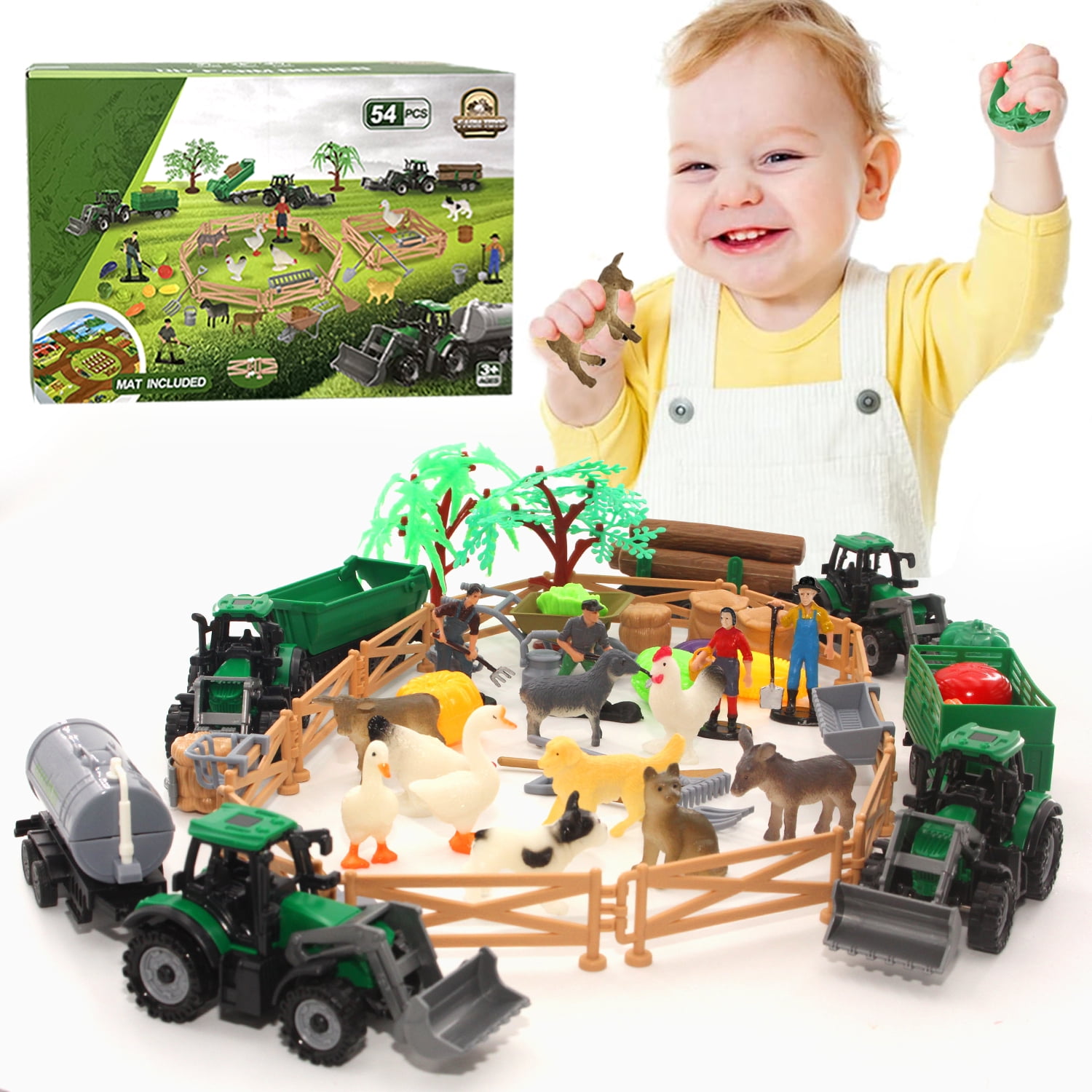 Farm Animal Toys for Toddlers, 4 pcs Farm Tractor Toy with 50 pcs Farm ...