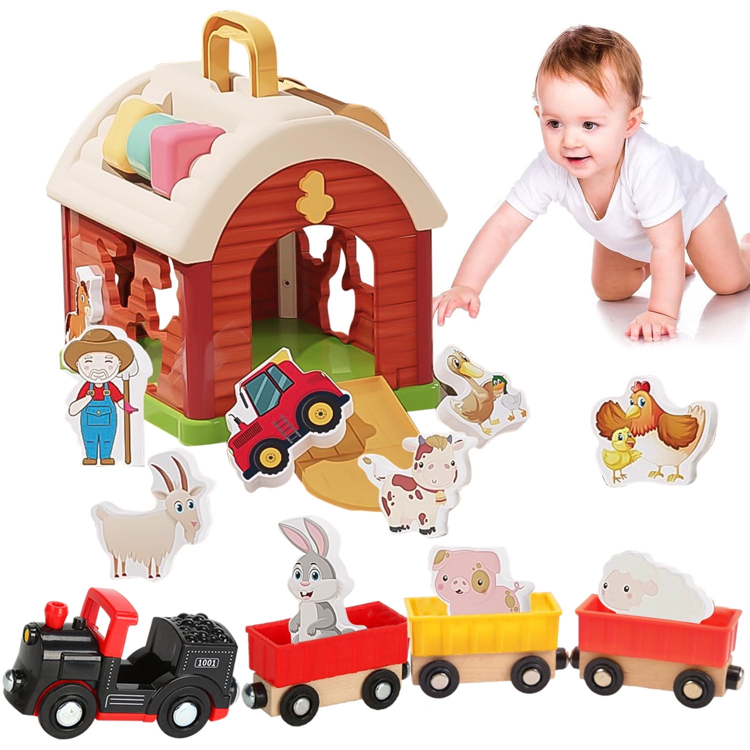Wooden Sorting Barn and Train Montessori Toy for Learning, Perfect for ...