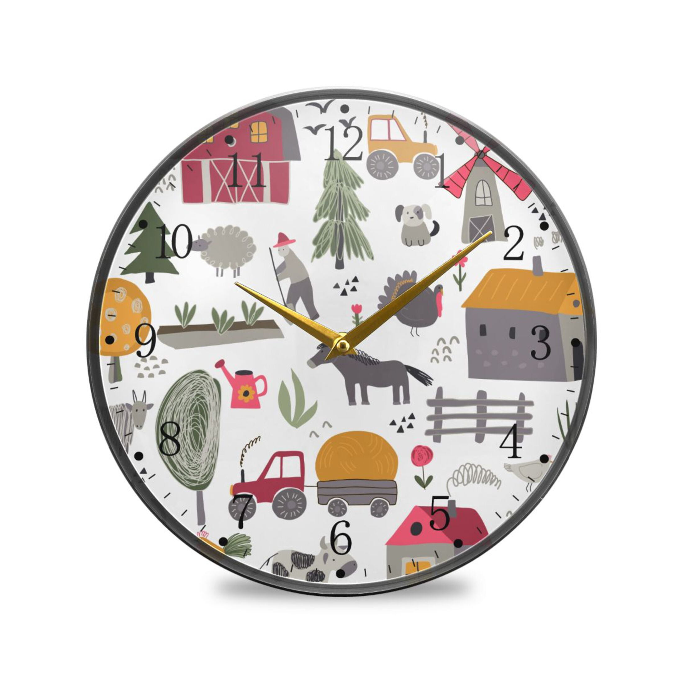 Farm Animals Trees Houses and Tractor Acrylic Wall Clocks Quiet Round ...