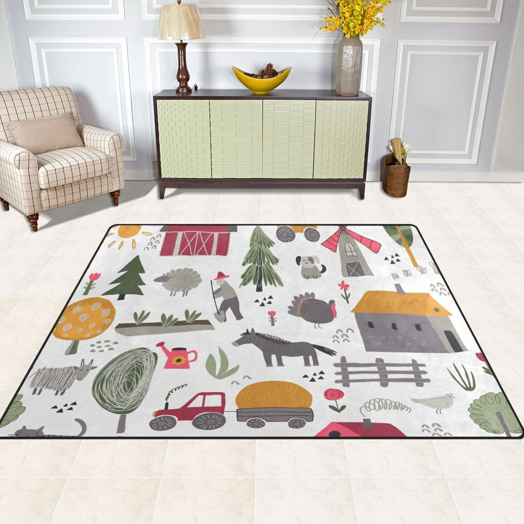 Farm Animals Trees Houses and Tractor Area Floor Rugs Soft Non-Slip ...
