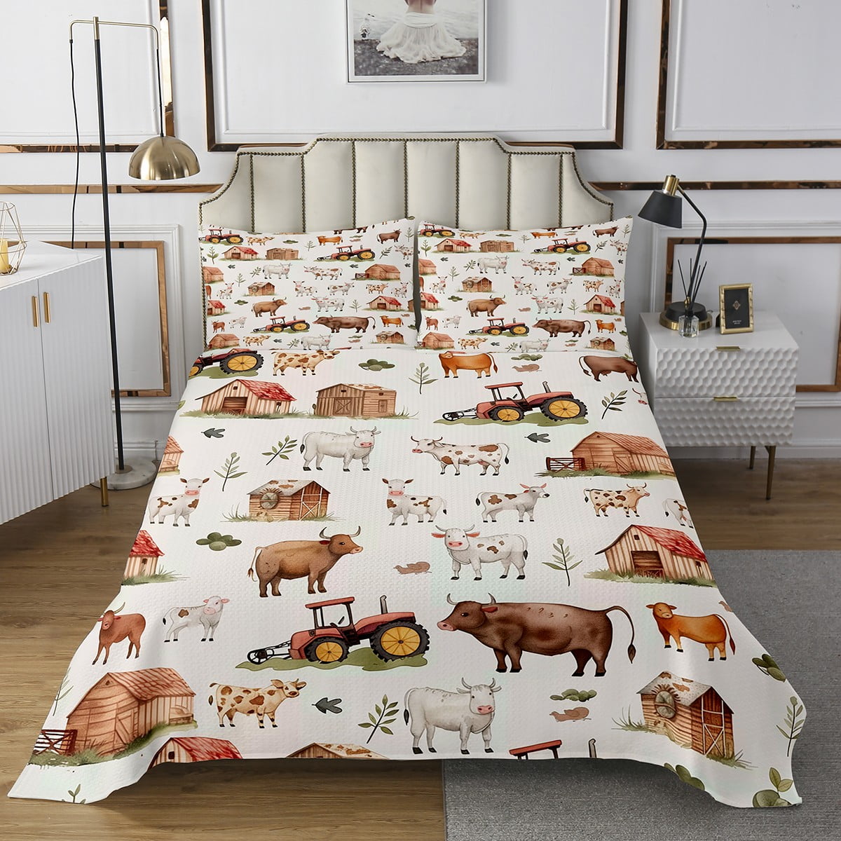 Farm Animals Twin Quilt Set,Countryside Rural Cow Bedspread Set,Cartoon ...