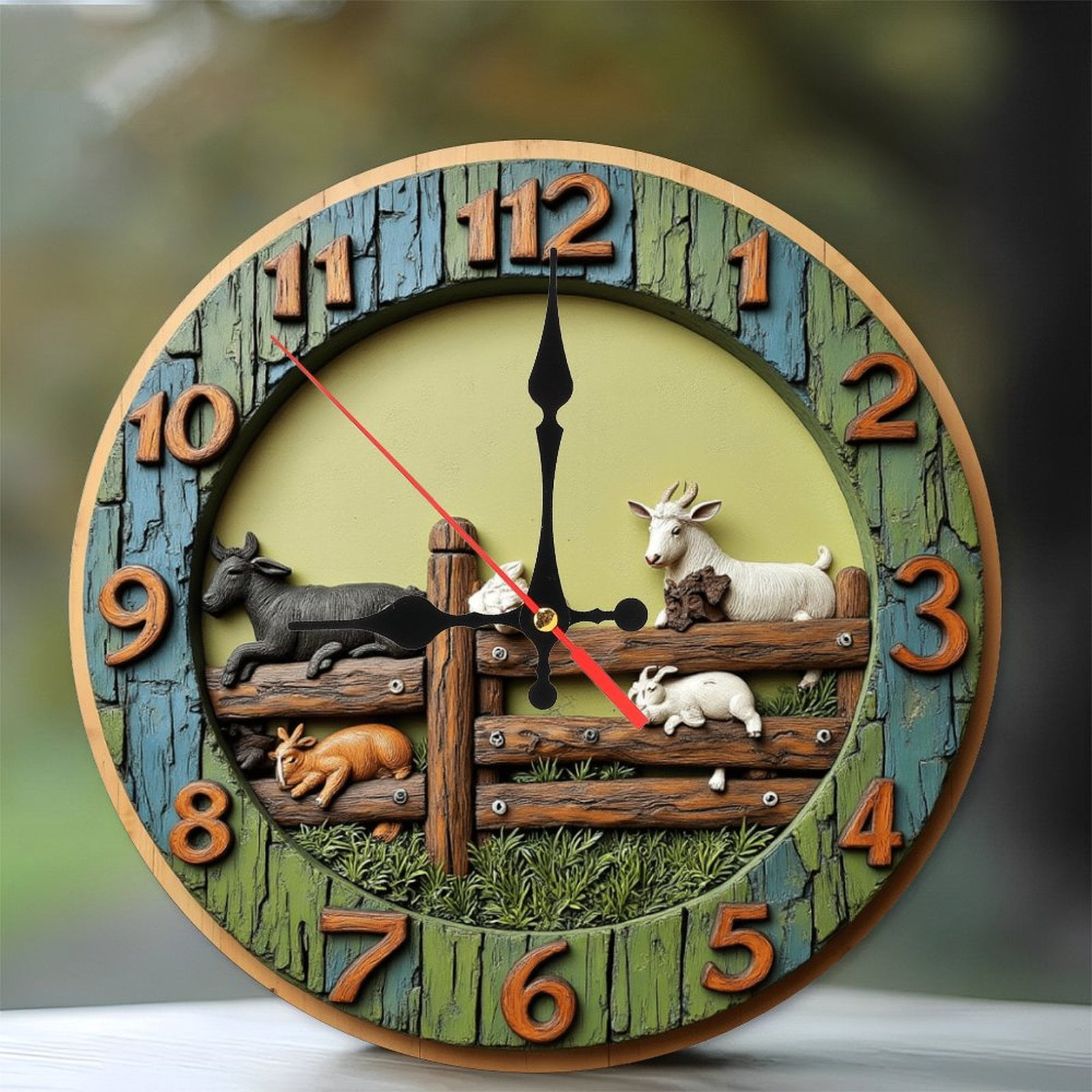Farm Animals Wall Clock Rustic Goat Sheep Pig Resin Decor 10-Inch Silent Wooden Wall Clock ...