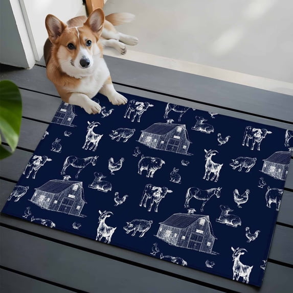 Farm Animals Washable Entry Rug 2x3 Navy Blue Farmhouse Chicken Cow ...