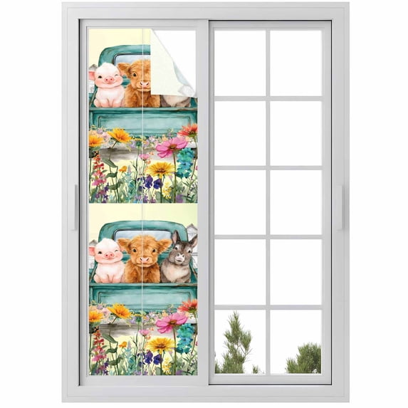 Farm Animals Window Privacy Film, Funny Pig Cow Donkey Retro Truck ...