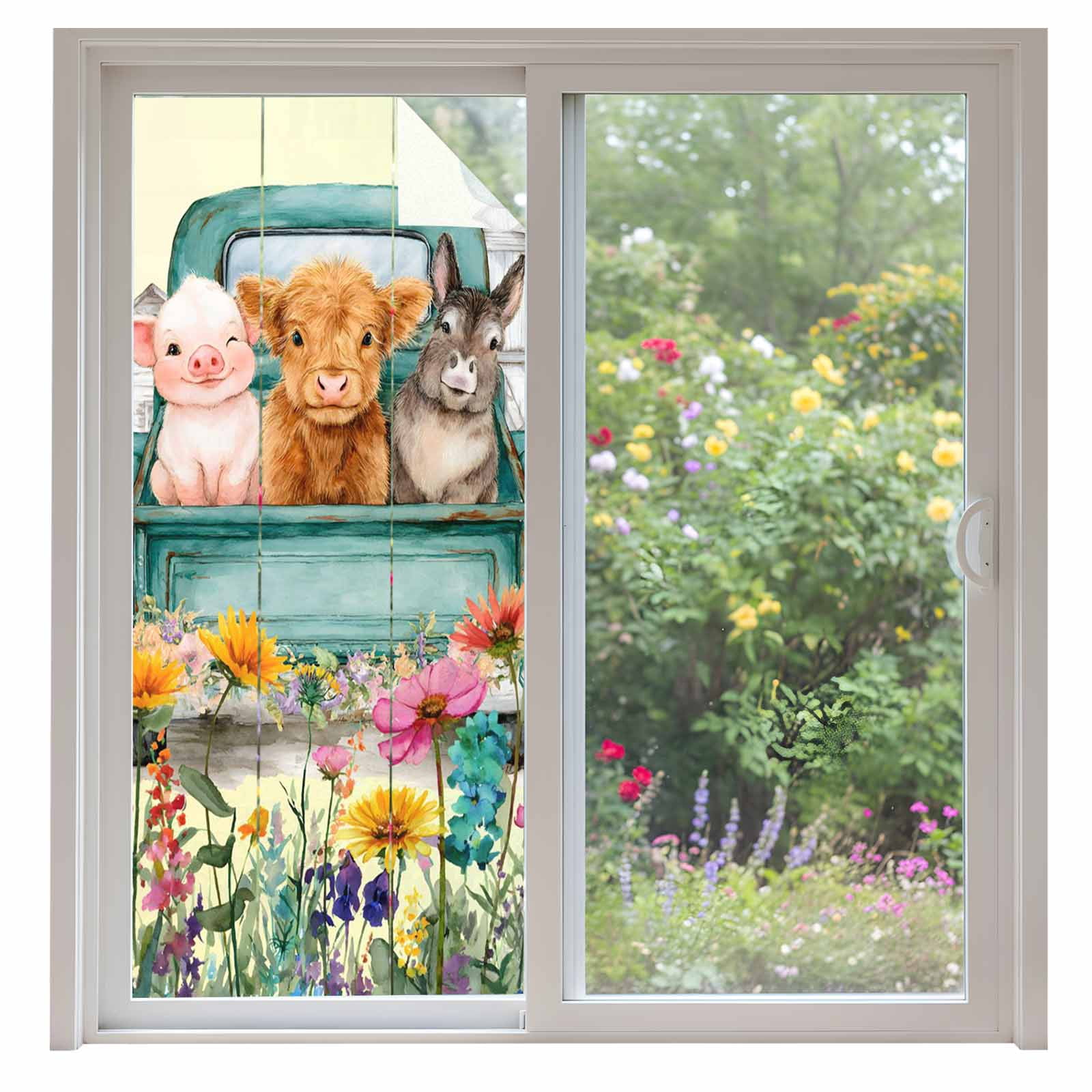 Farm Animals Window Privacy Film, Funny Pig Cow Donkey Retro Truck ...