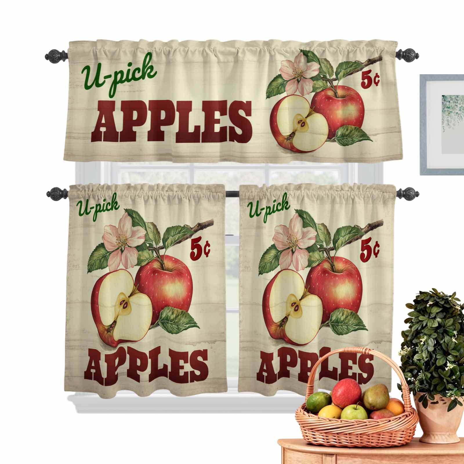 Farm Apples Floral Leaf Kitchen Curtains Valances 3 Piece Set, Art ...