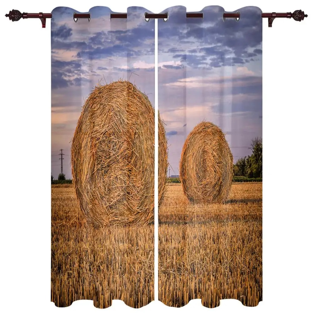 Farm Autumn Blue Sky White Cloud Trees Country Window Curtains Scenic ...