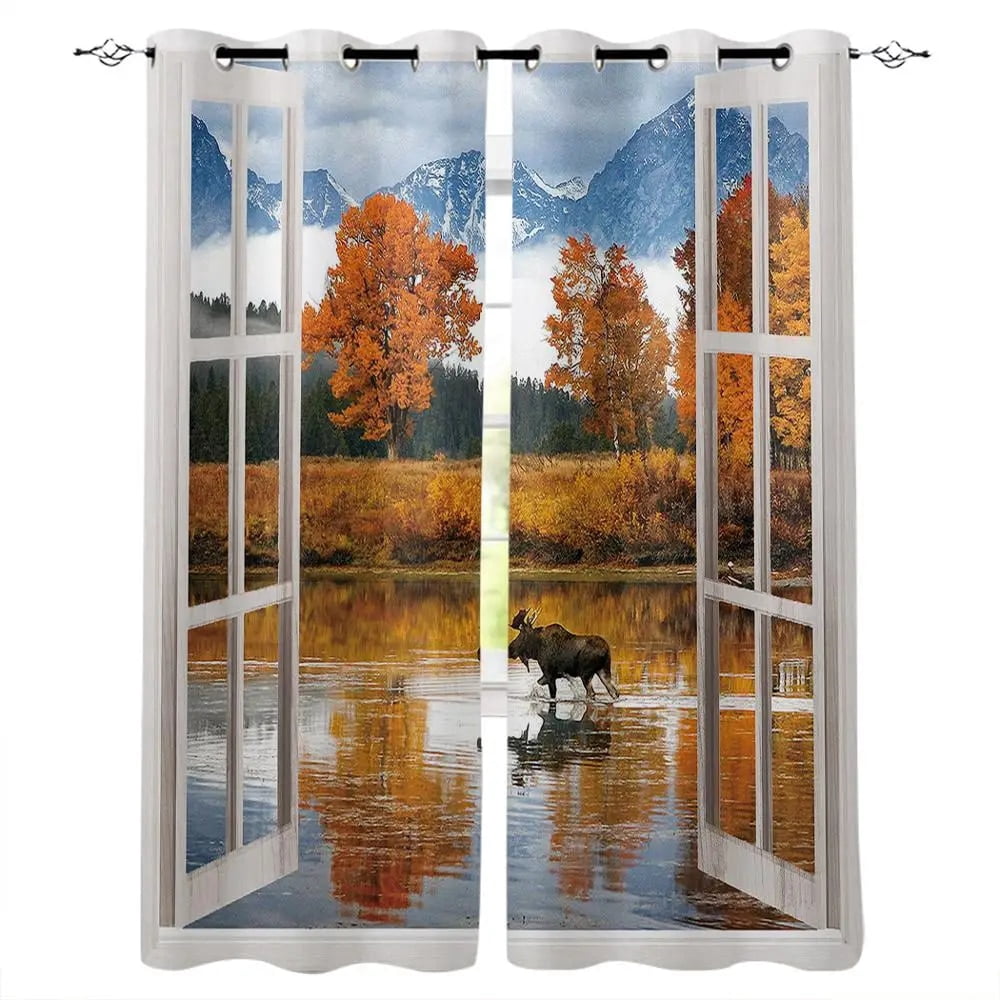 Farm Autumn Blue Sky White Cloud Trees Country Window Curtains Scenic ...