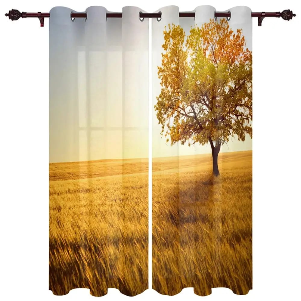 Farm Autumn Blue Sky White Cloud Trees Country Window Curtains Scenic ...