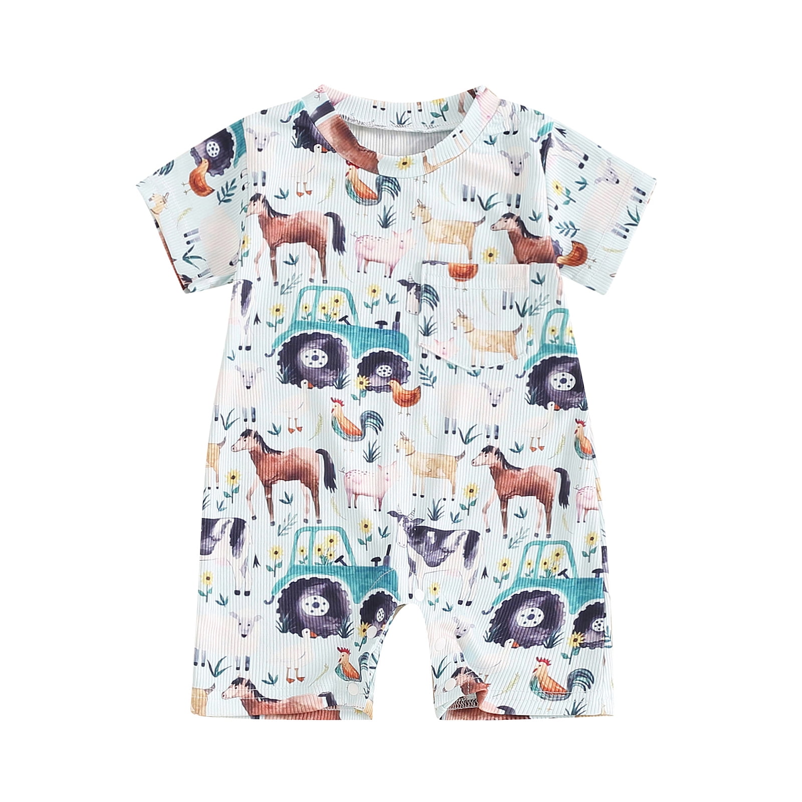 Farm Baby Clothes Boy Girl Country Animal Chicken Tractor Print Romper Short Sleeve Bodysuit One ...