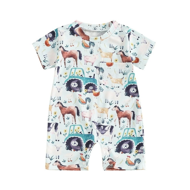 Farm Baby Clothes Boy Girl Country Animal Chicken Tractor Print Romper ...