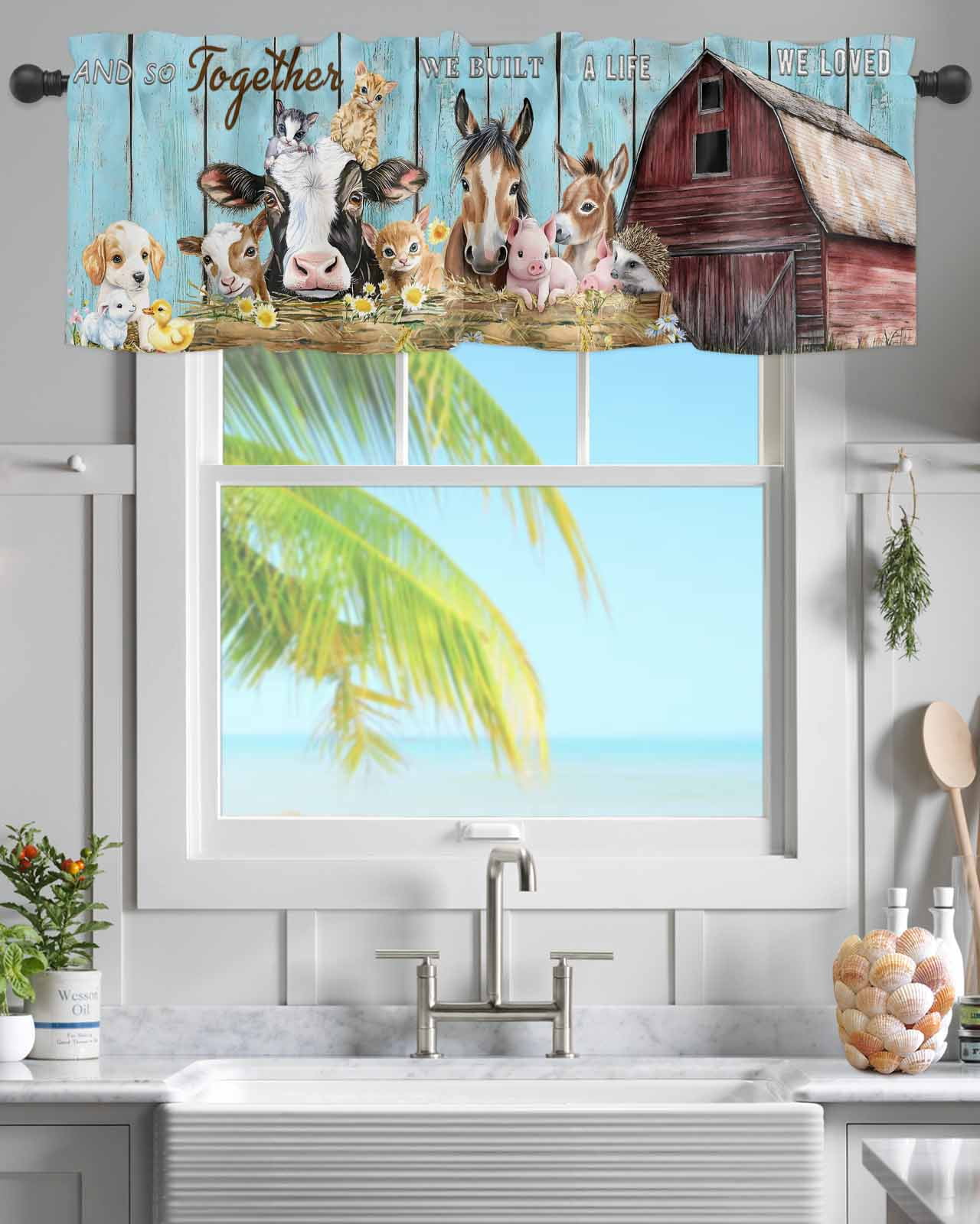 Farm Barn Animal Teal Wooden Curtain Valances for Kitchen Windows,Rod ...