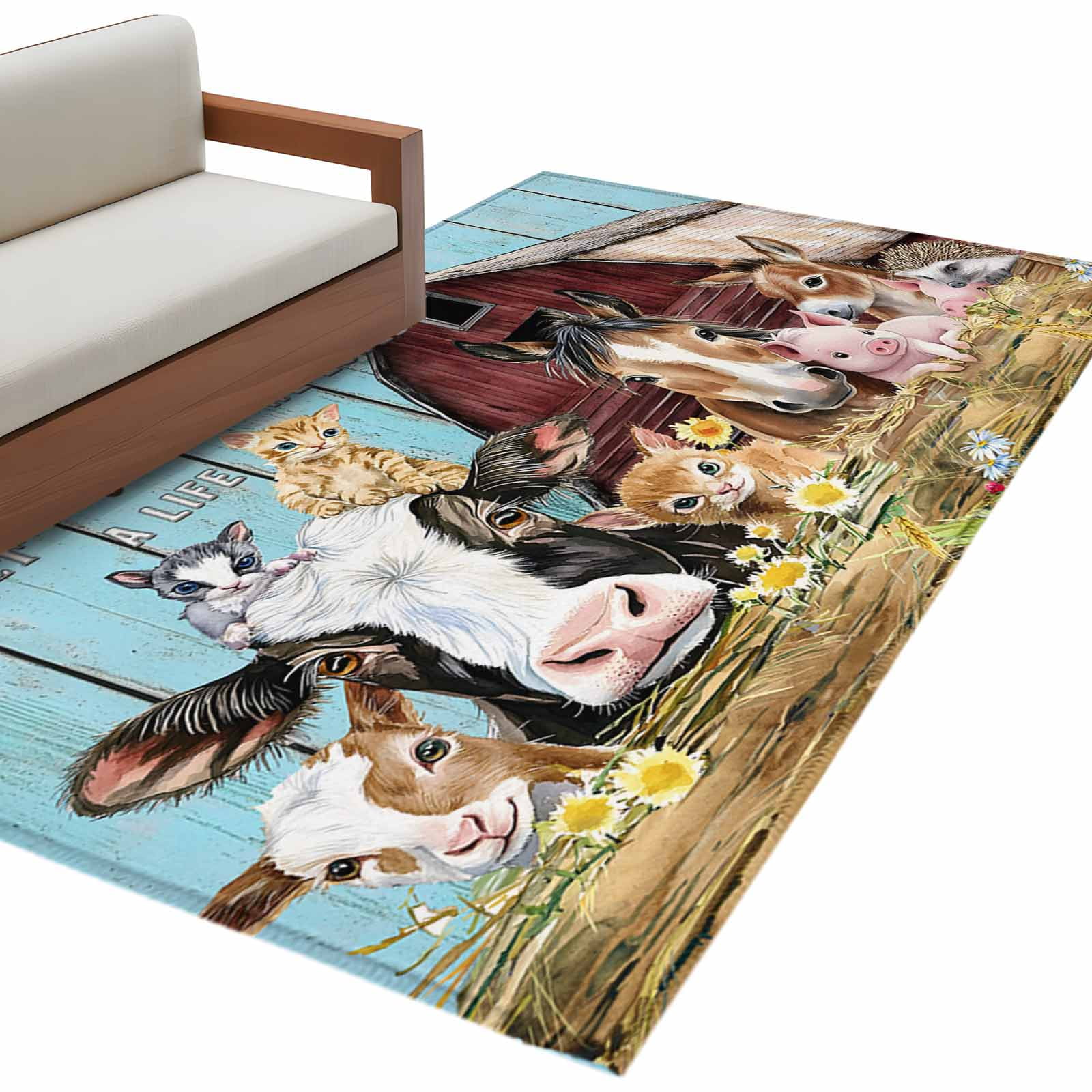 Farm Barn Area Rug 3x5ft Cow Pig Horse Sheep Non-Slip Washable Square ...