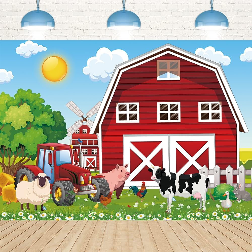 Farm Barn Backdrop Cartoon Red Barn Animal Tractor Farmhouse ...