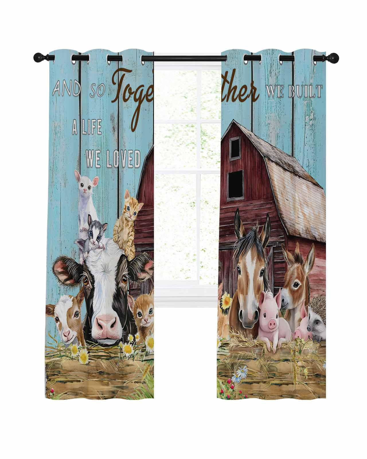 Farm Barn Blackout Curtains 72 Inch Length Cow Pig Horse Sheep Thermal ...