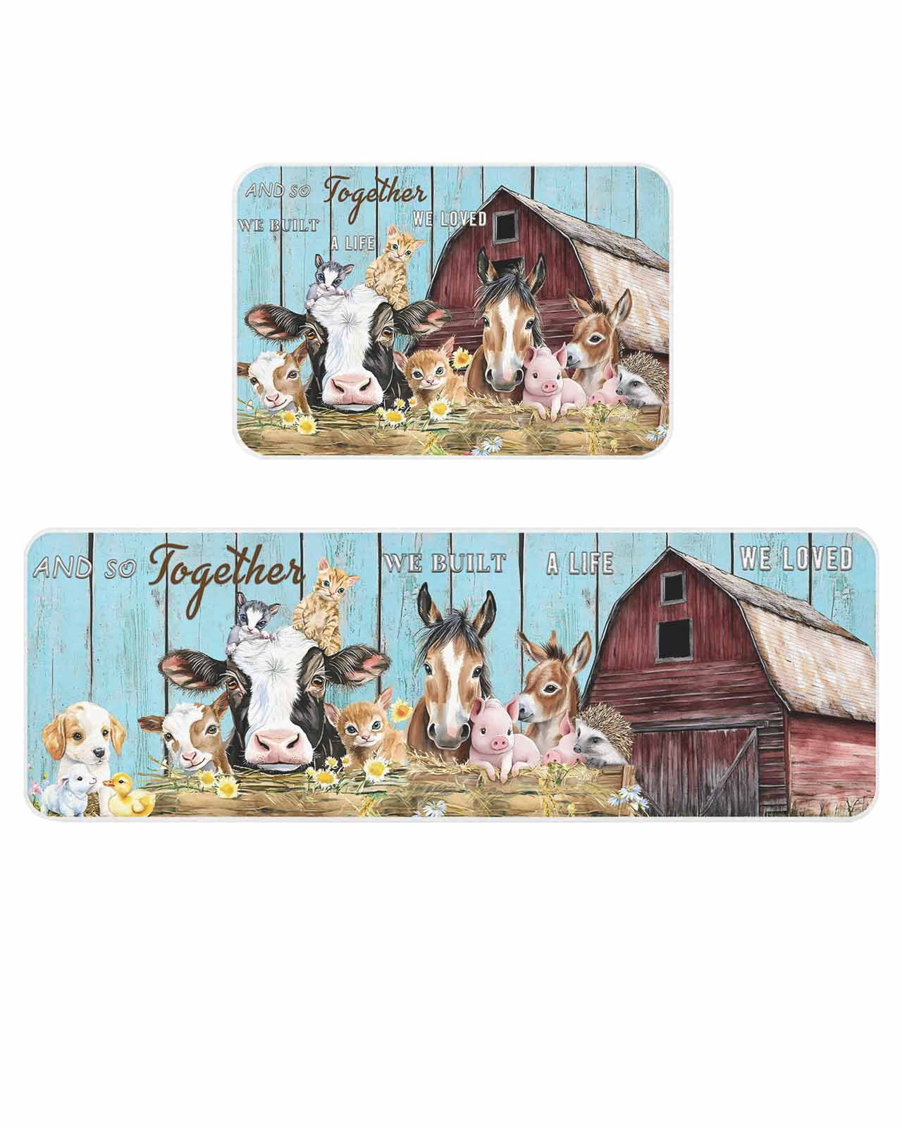 Farm Barn Kitchen Mats for Floor 2 Piece, Cow Pig Horse Sheep Farmhouse ...