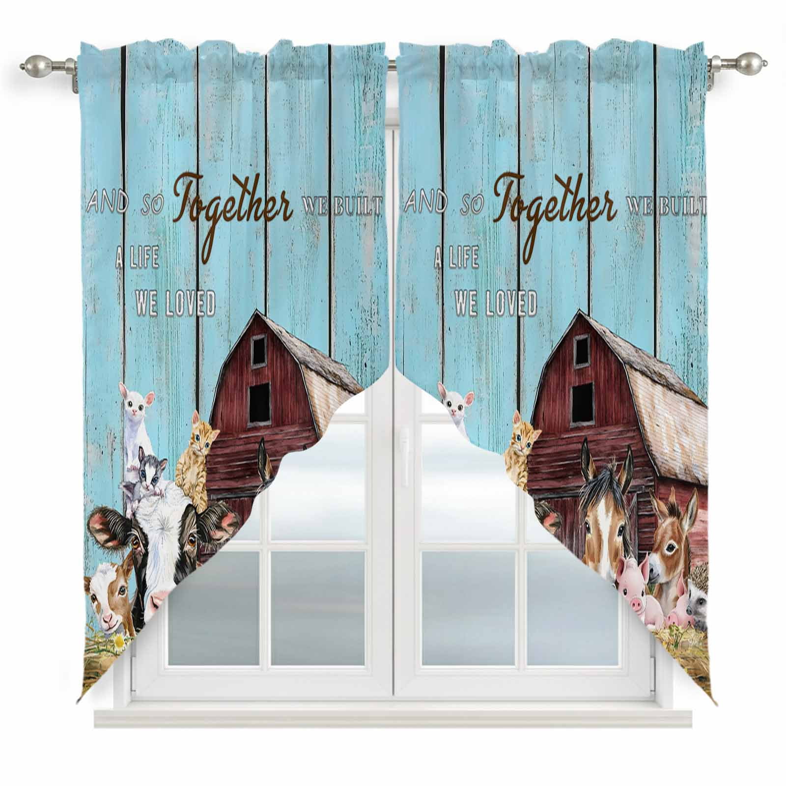 Farm Barn Swag Curtain Valance for Window 2 Panels Cow Pig Horse Sheep ...