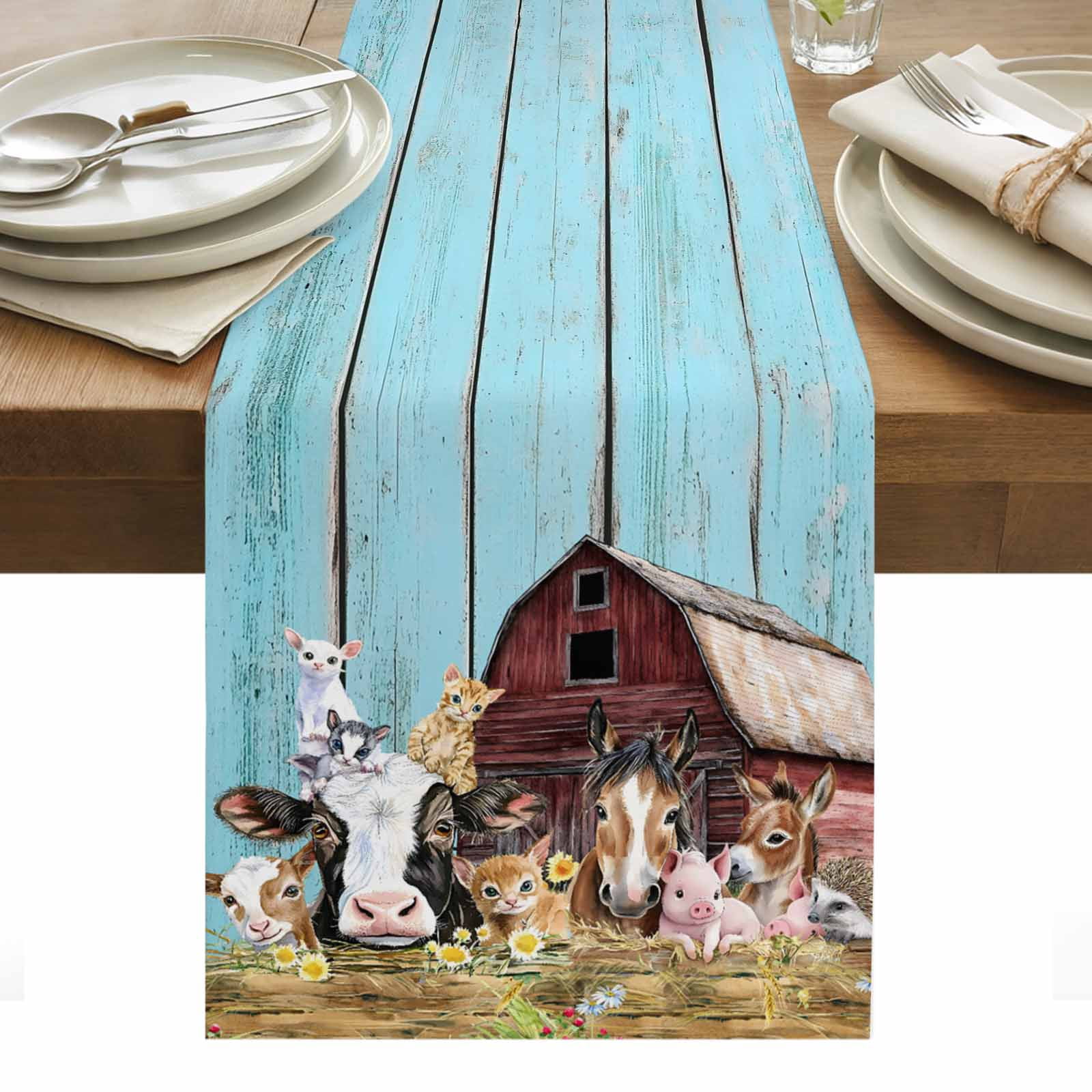 Farm Barn Table Runner 13 x 120 Inch, Cow Pig Horse Sheep Washable ...