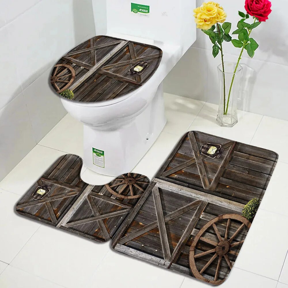 Farm Barn Wooden Door Bath Mat Set Brown Wood Wheel Purple Flower ...