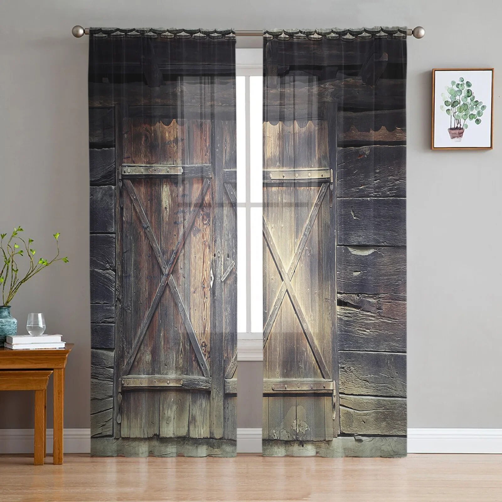 Farm Barn Wooden Door Tulle Curtains for Living Room Print Sheer Voile ...