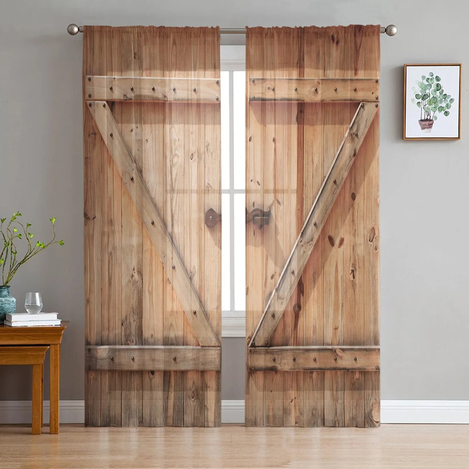 Farm Barn Wooden Door Tulle Curtains for Living Room Print Sheer Voile ...