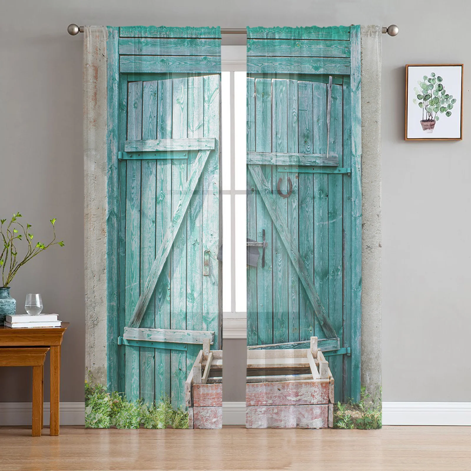 Farm Barn Wooden Door Tulle Curtains for Living Room Print Sheer Voile ...