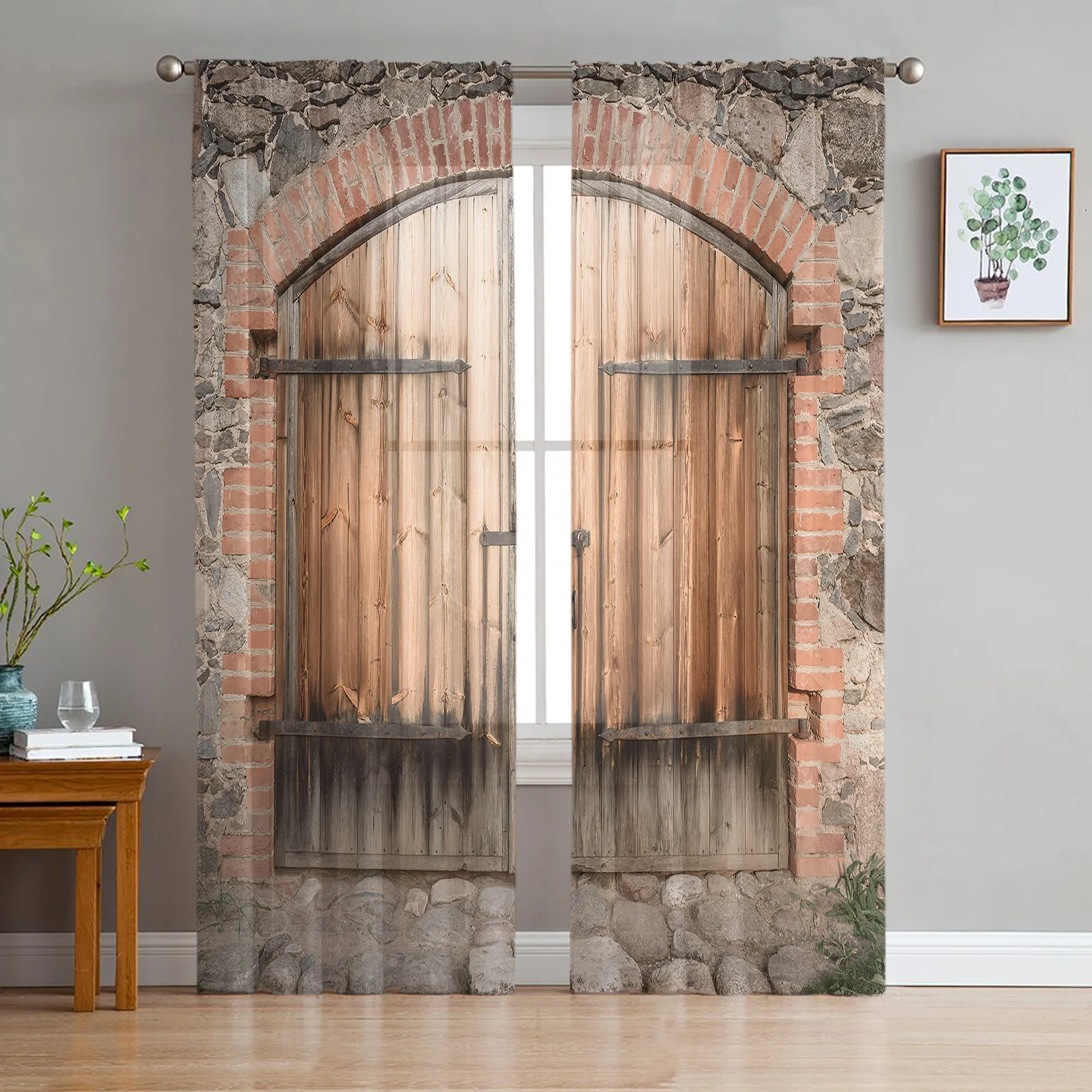 Farm Barn Wooden Door Tulle Curtains for Living Room Print Sheer Voile ...