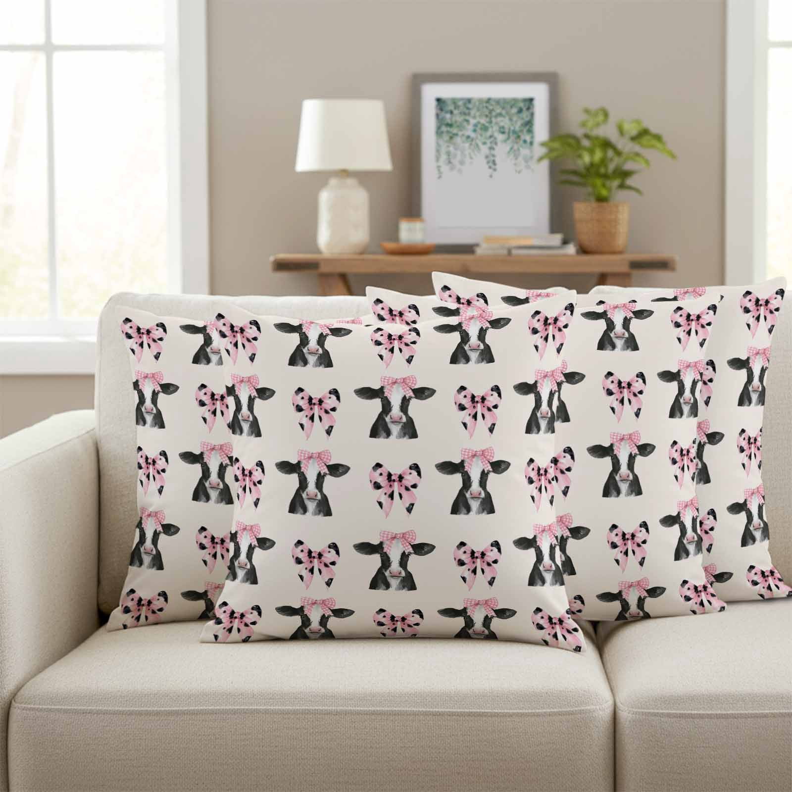 Farm Beige Cow Pillow Covers Set of 4, Country Watercolor Pink Bow Knot ...