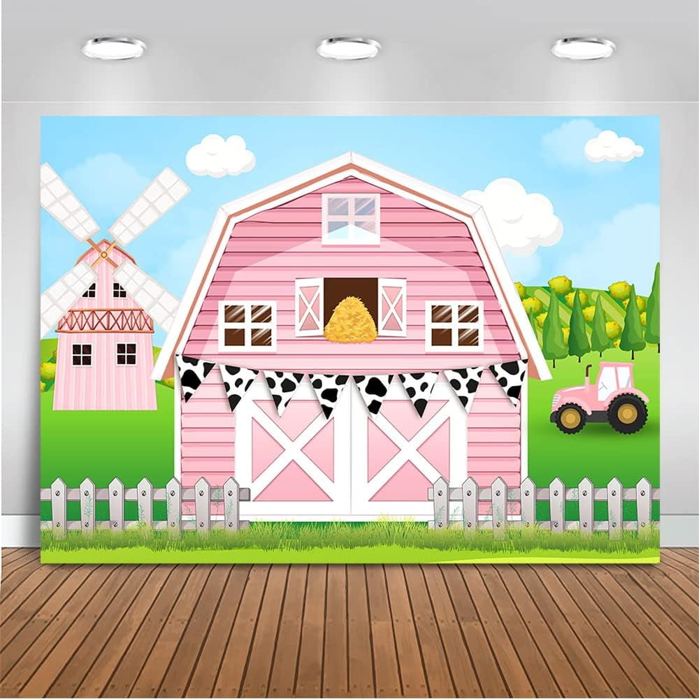 Farm Birthday Backdrop Pink Barn Door Banner Props Animals Theme Baby ...
