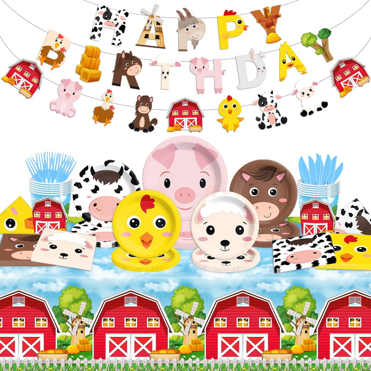 Farm Birthday Decorations-142Pcs Farm Animals Tableware Barnyard ...