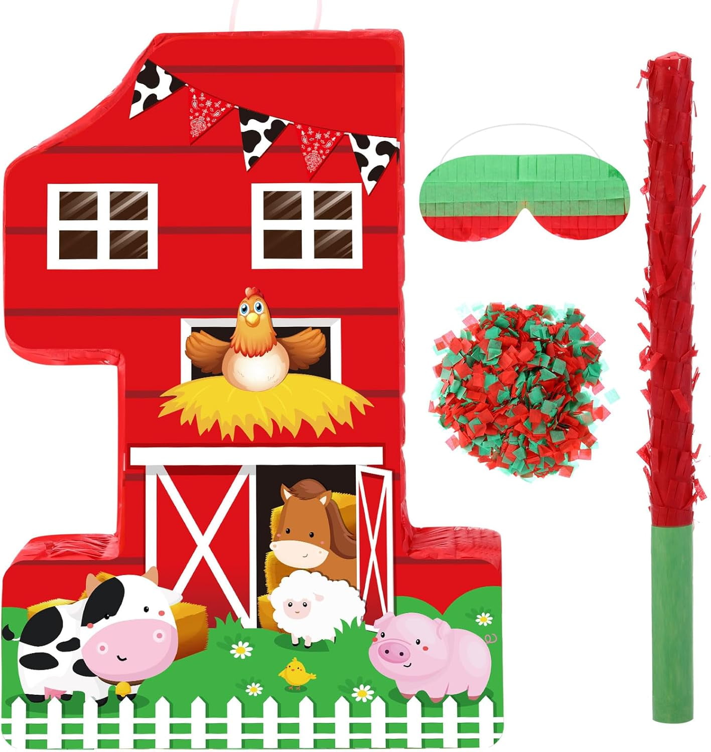 Farm Birthday Pinata Number Pinata with Blindfold Bat and Confetti Farm ...