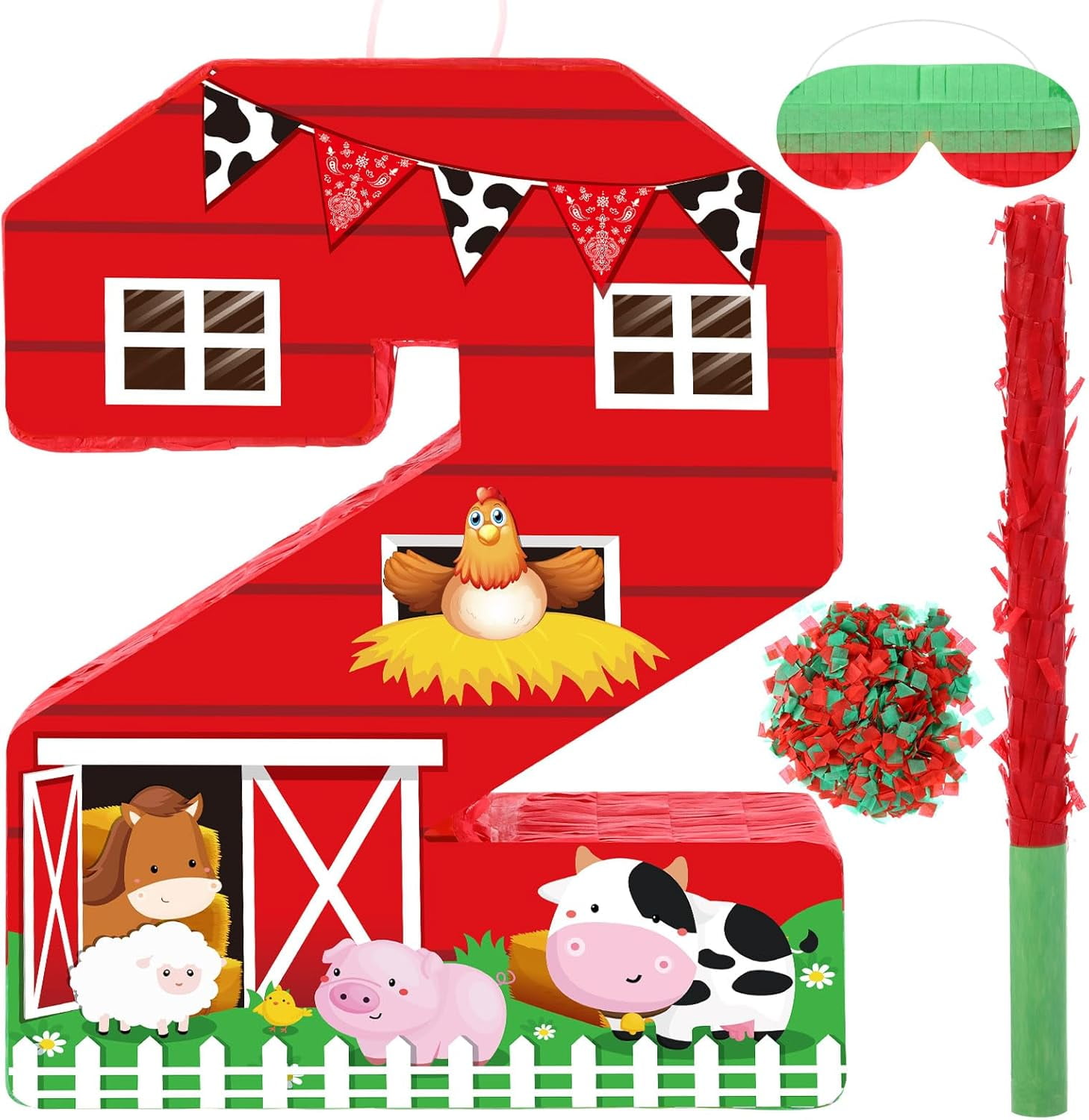 Farm Birthday Pinata Number Pinata with Blindfold Bat and Confetti Farm ...