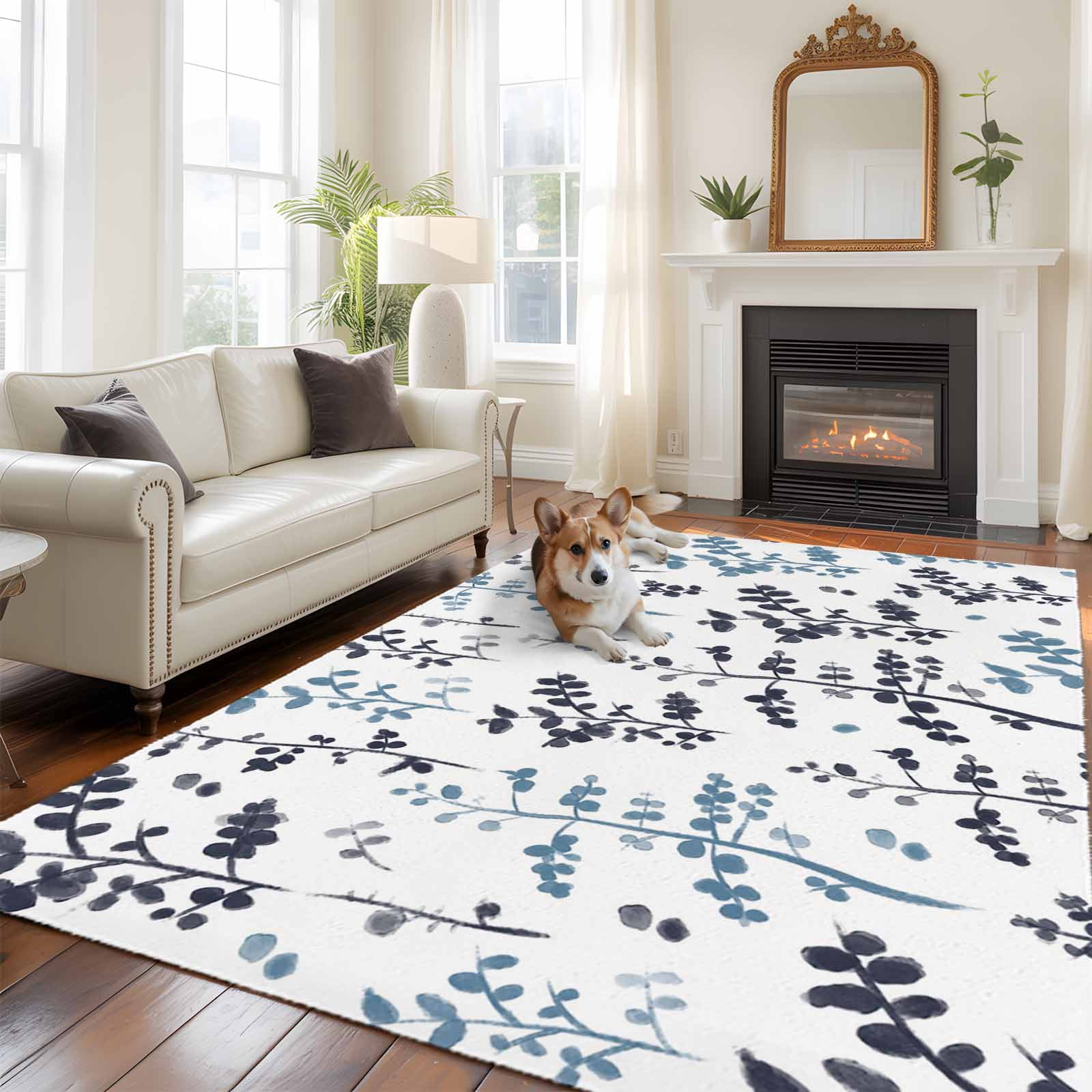 Farm Black Blue Leaves Large Area Rugs 8x10 ft Country Style Leaf ...