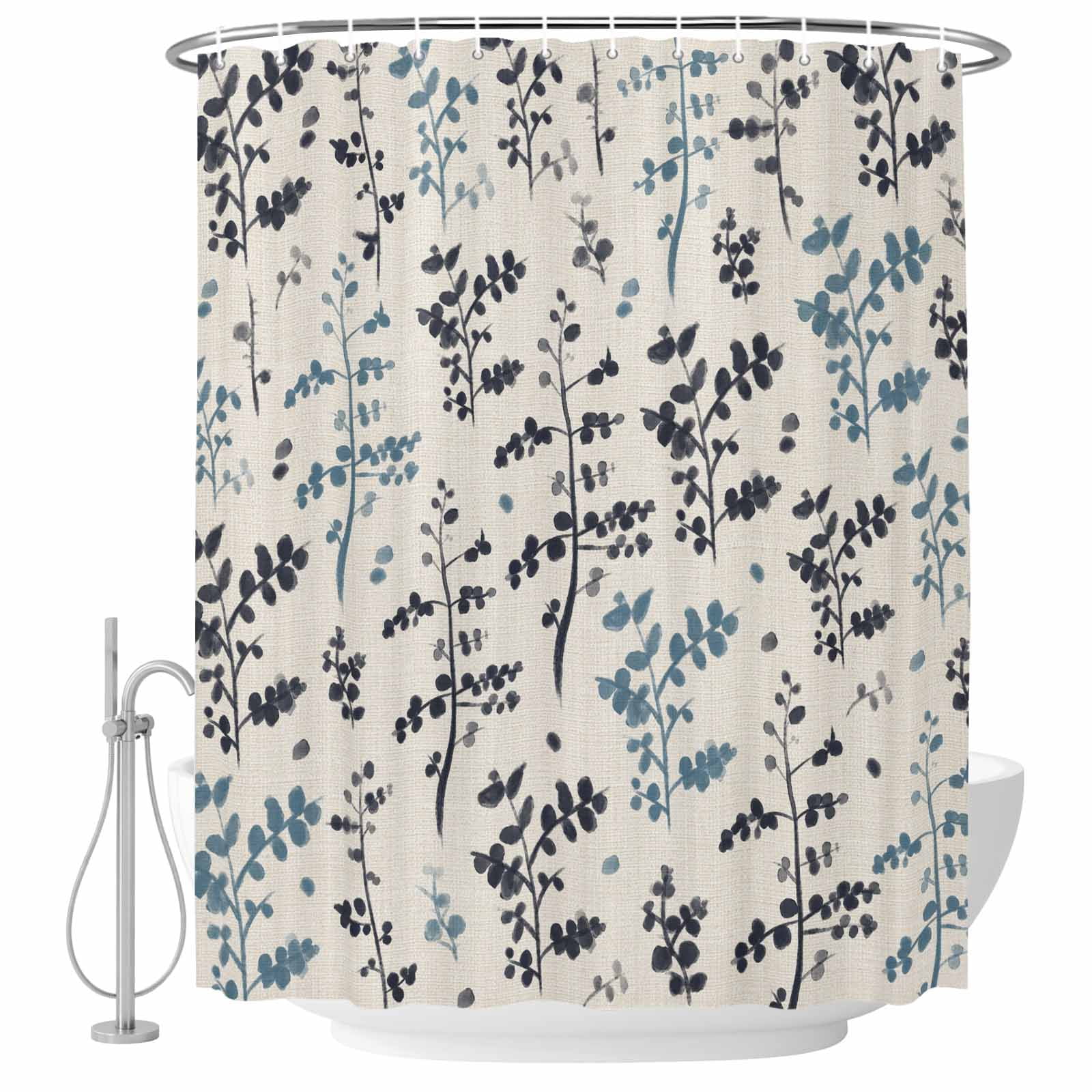 Farm Black Blue Leaves Shower Curtain for Bathroom, Country Style Leaf ...