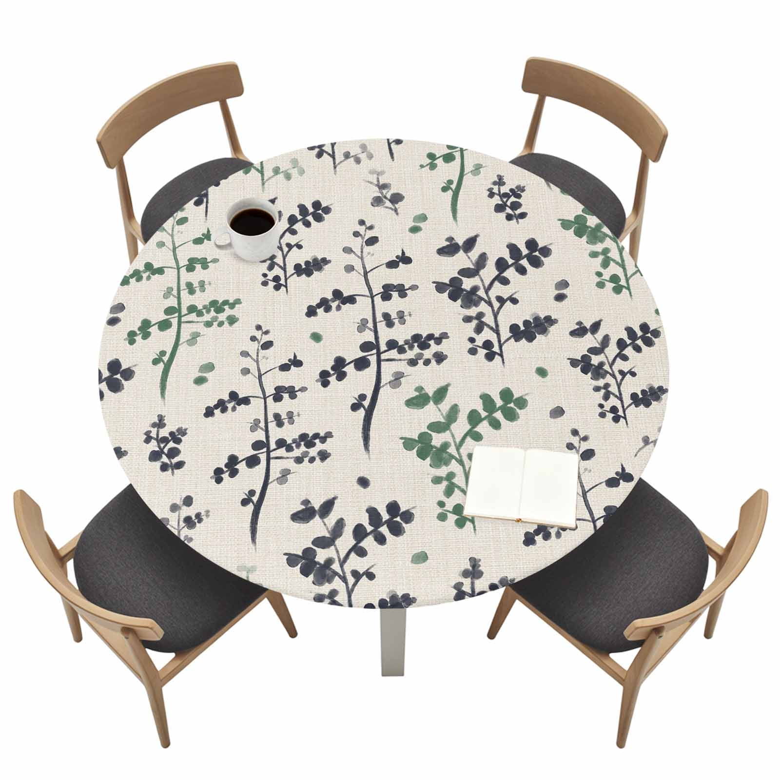 Farm Black Green Leaves Round Fitted Tablecloth with Elastic Edge ...