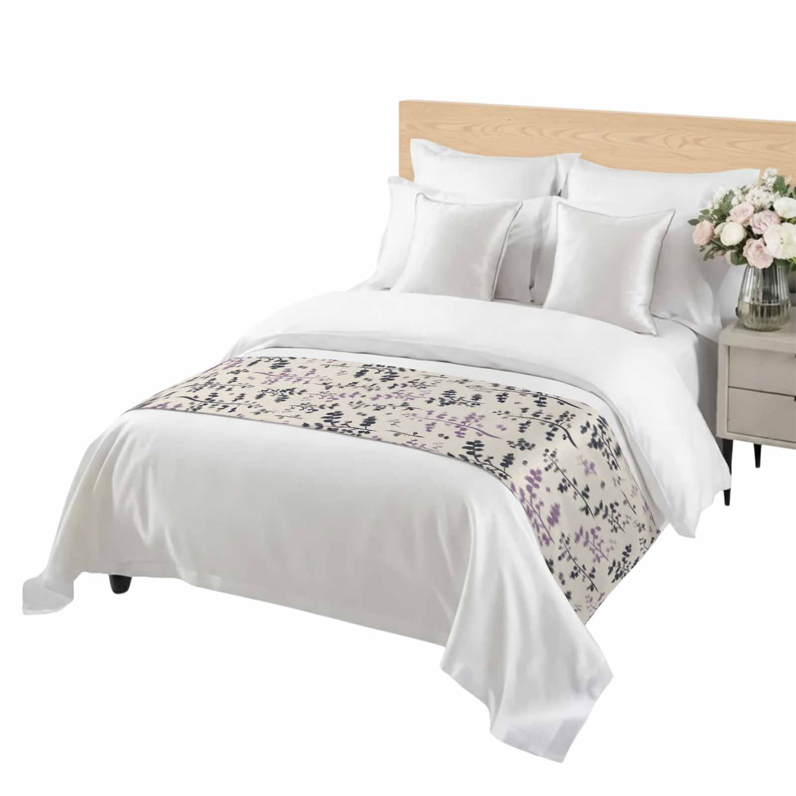 Farm Black Purple Leaves Bed Runner King Size Country Style Leaf Floral ...