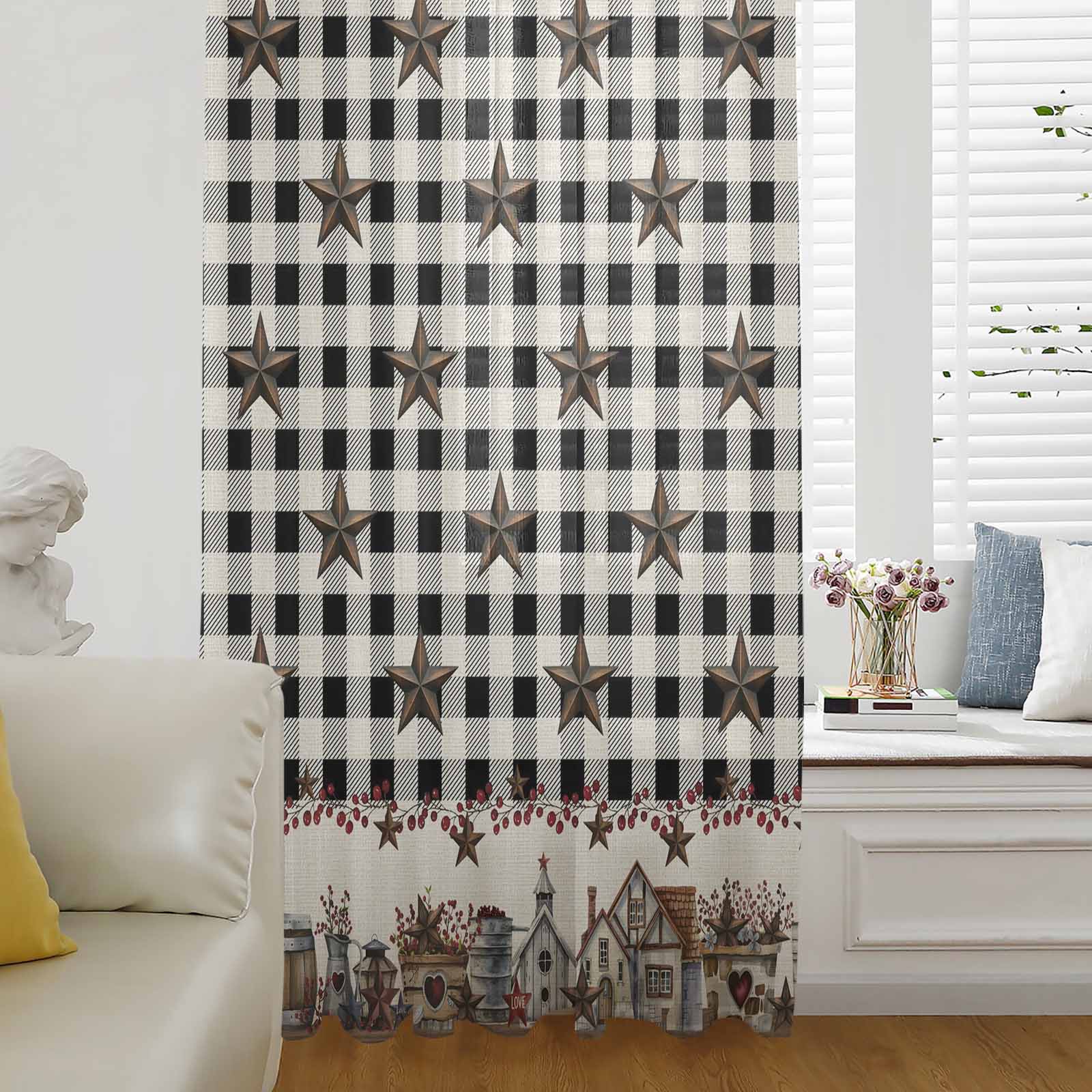 Farm Black Window Curtain 96 Inches Long,Brown Western Texas Star Plaid ...