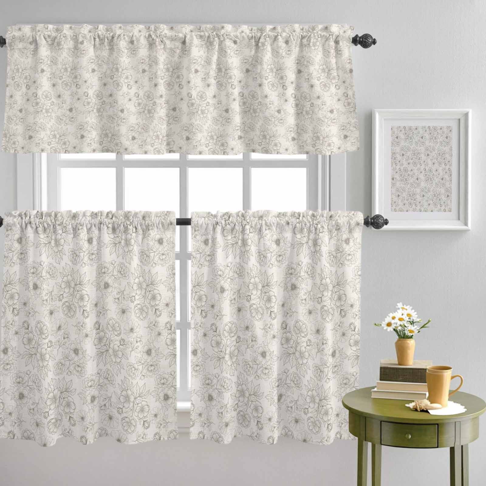 Farm Blossom Flower Leaves Curtain Tier and Valance Set 3 Piece, Rustic ...