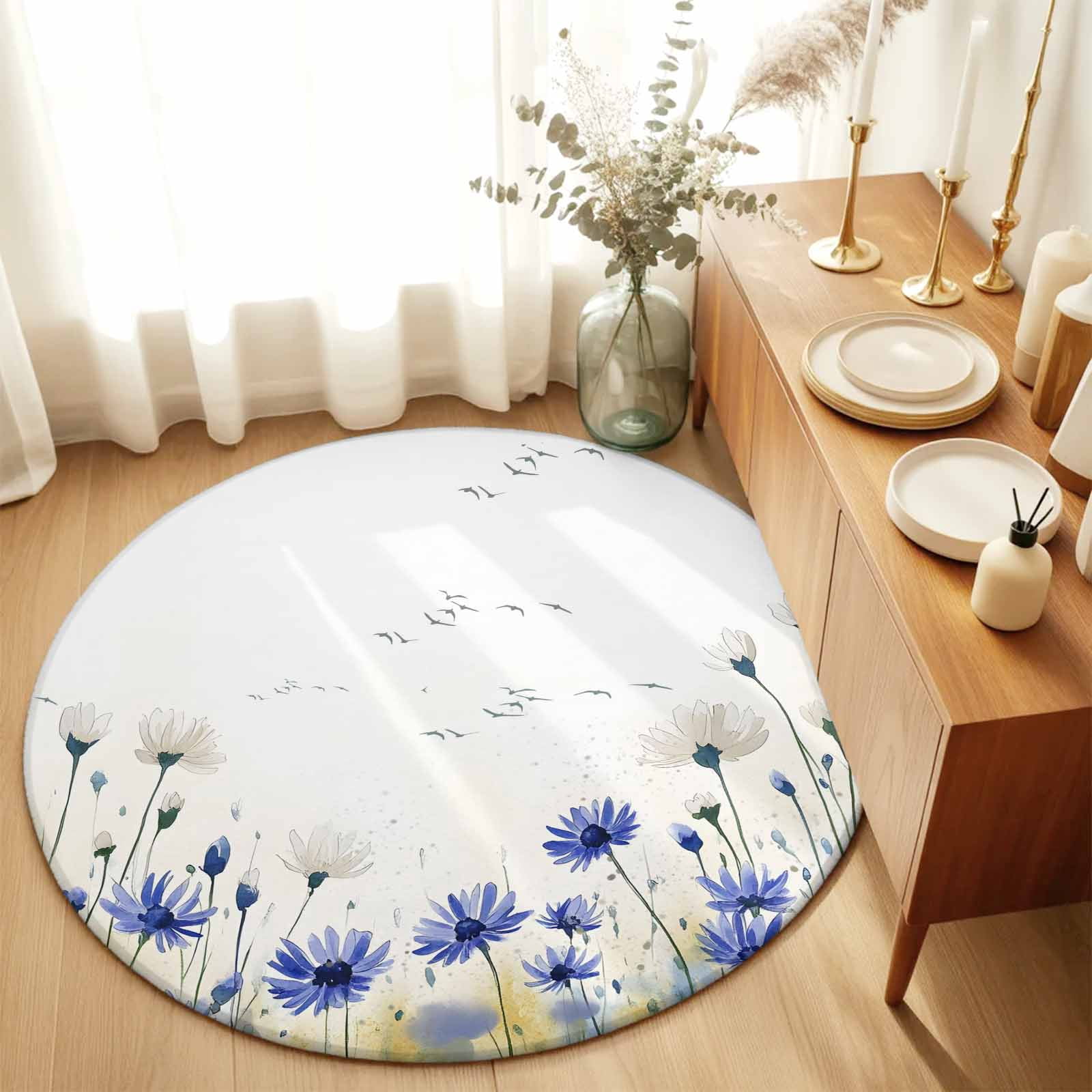 Farm Blue Flowers Bird Round Rug 3ft Watercolor Country Floral Washable ...