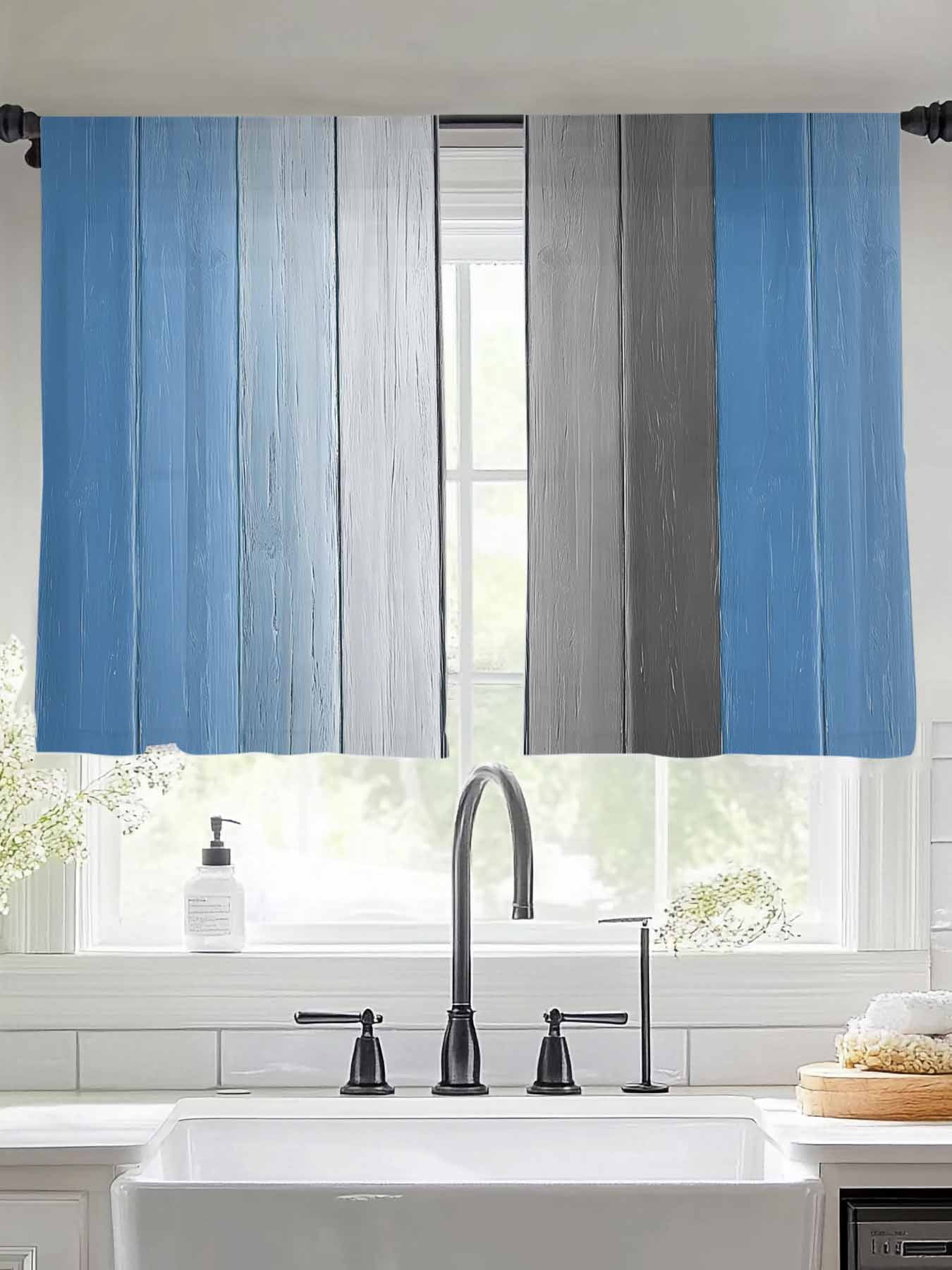 Farm Blue Gradient Wood Board Chiffon Sheer Curtains 45 Inches Long ...