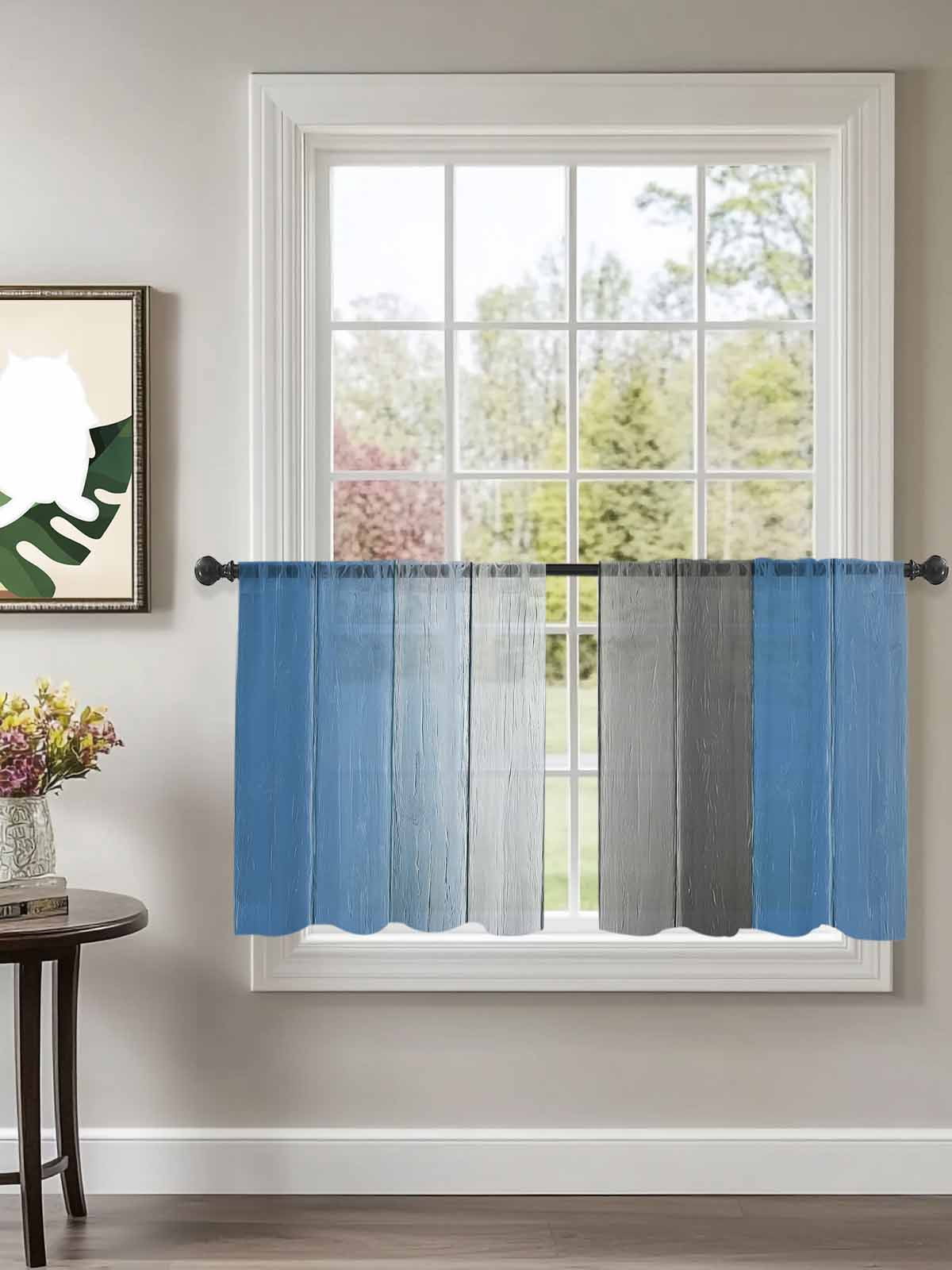Farm Blue Gradient Wood Board Chiffon Sheer Curtains 54 Inches Long ...