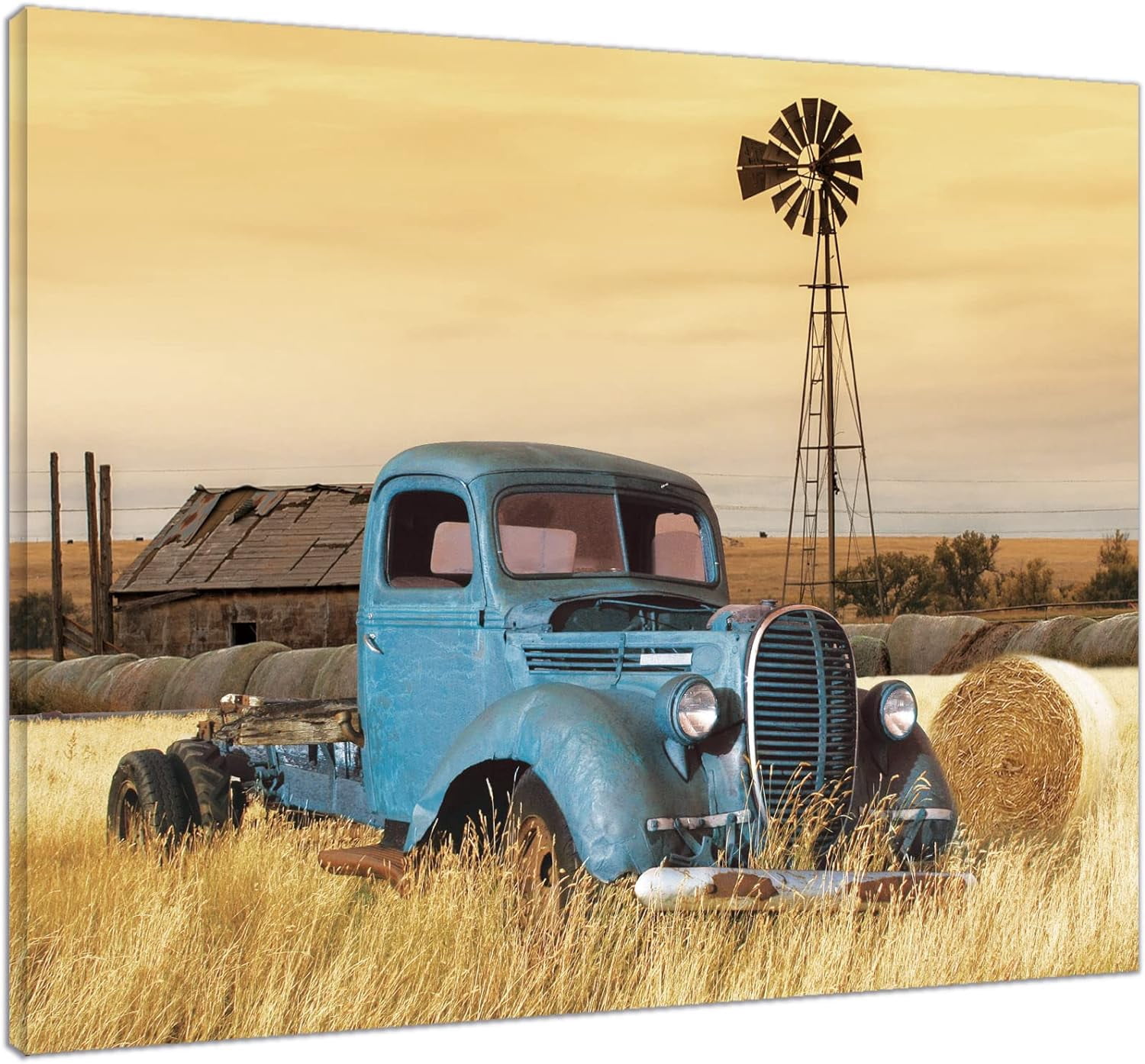 Farm Blue Truck Wall Art Vintage Old Car and Barn Windmill Canvas ...