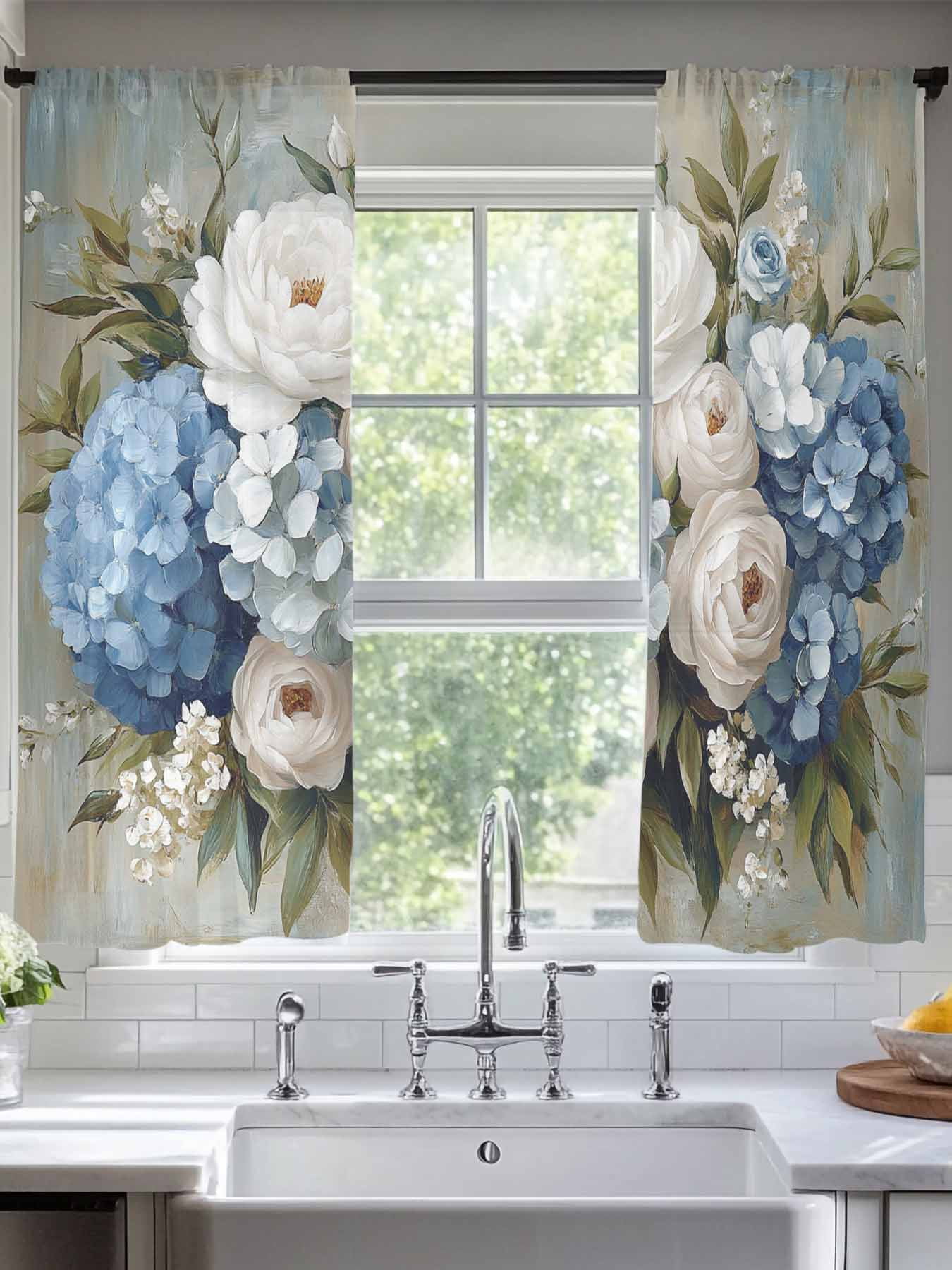 Farm Blue White Hydrangea Sheer Curtains 2 Panels Set Watercolor Floral ...