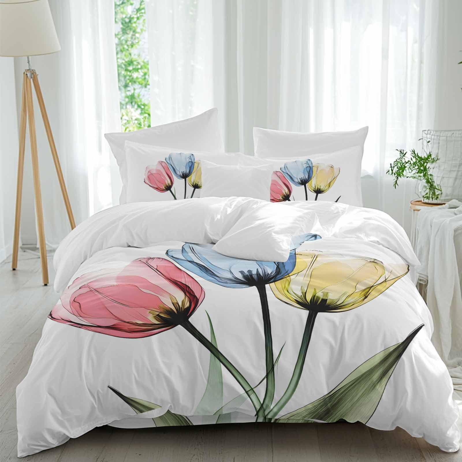 Farm Blue Yellow Pink Flower Tulip California King Size Bed Set,Spring ...