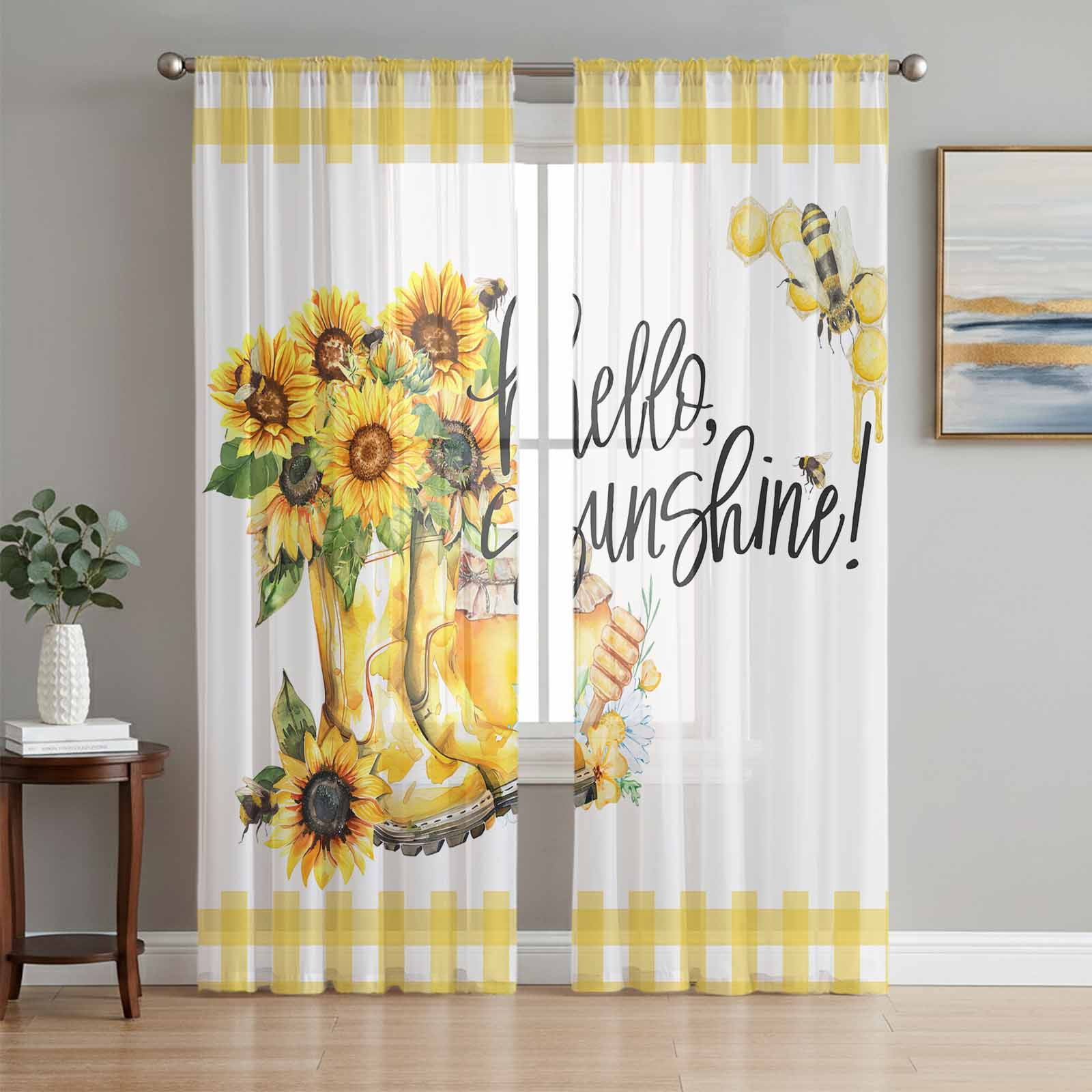 Farm Boot Blossom Sunflower Bee Chiffon Sheer Curtains 84 Inches Long ...