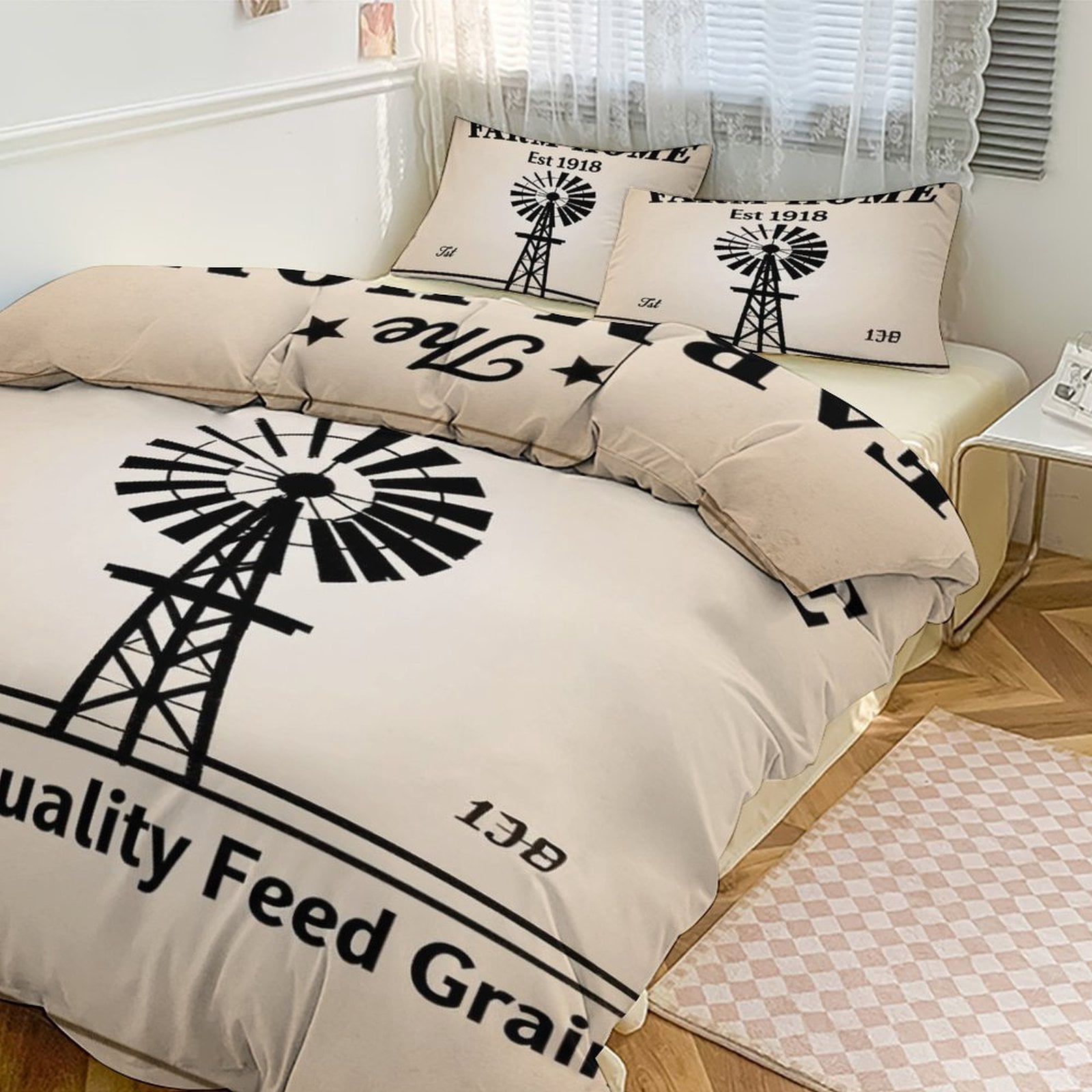 Farm Charcoal Windmill Rustic 86"x70" 3 Pcs Soft Bedding Set, Includes ...