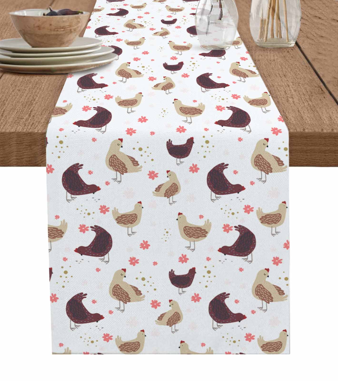 Farm Chicken Animals Flowers Table Runner Cotton Linen Wedding Table r ...