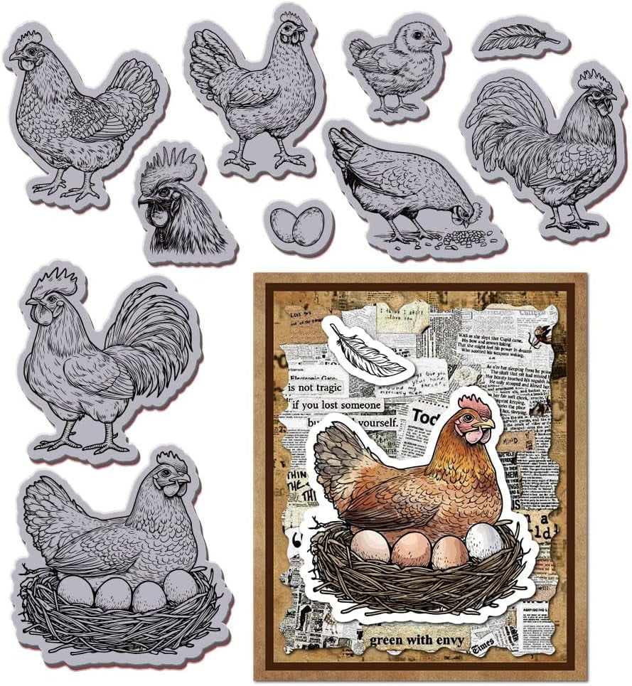Farm Chicken and Egg Cling Rubber Stamp 8.7x7in Hen and Rooster EVA ...